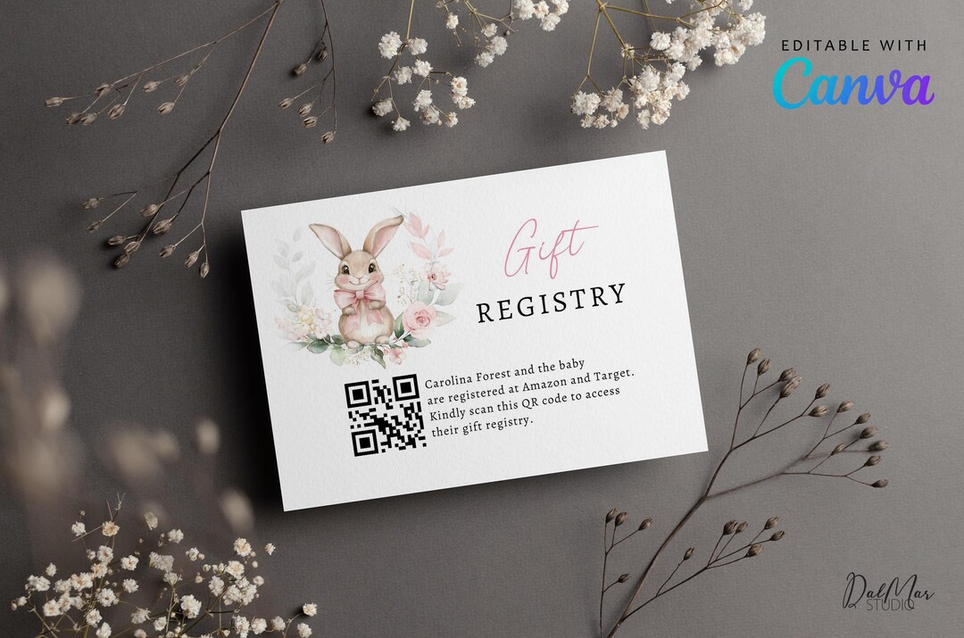 Editable Sweet Little Bunny Gift Registry Card, Digital Rabbit Pink ...