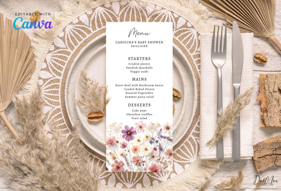 Editable A Little Wildflower Baby Shower Dinner Menu, Purple Pink ...