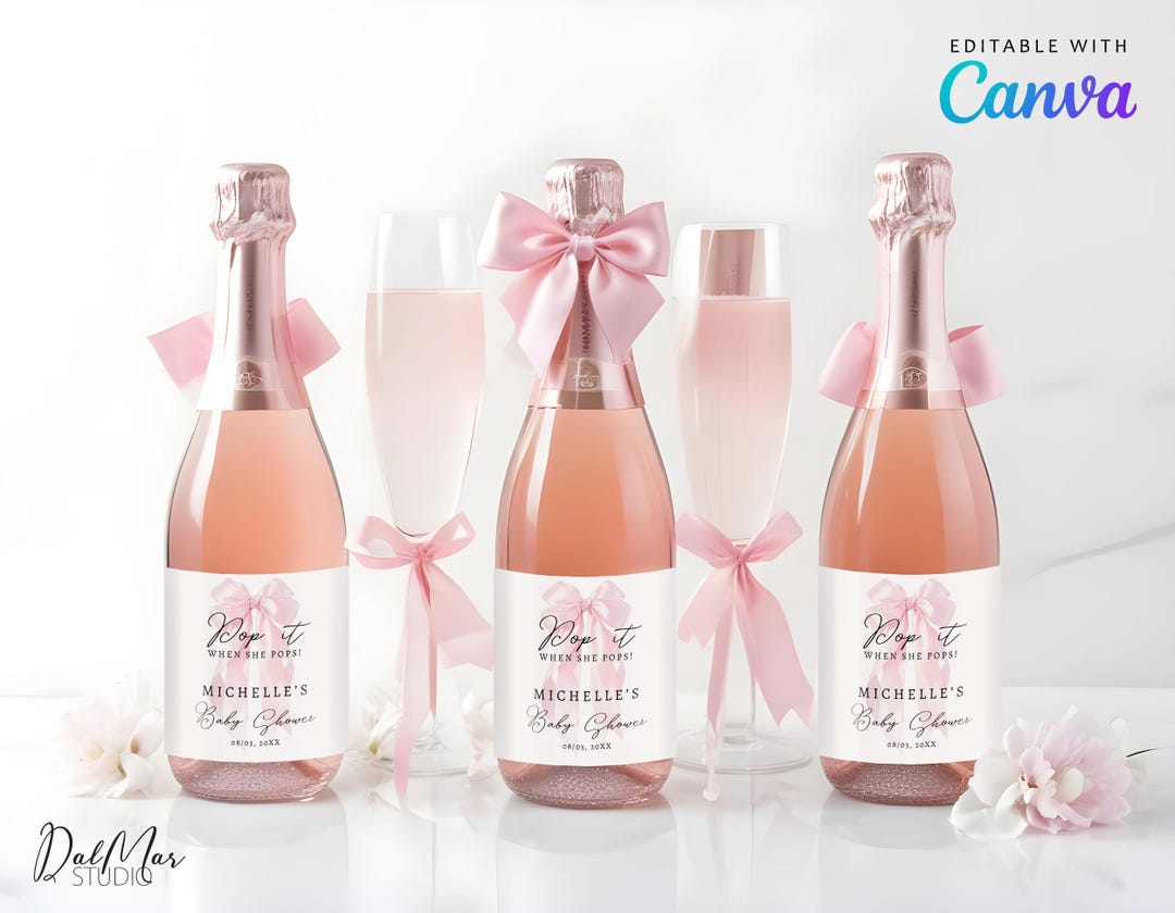 Editable Pink Bow Mini Wine Label, Digital Elegant Pink Coquette Baby ...