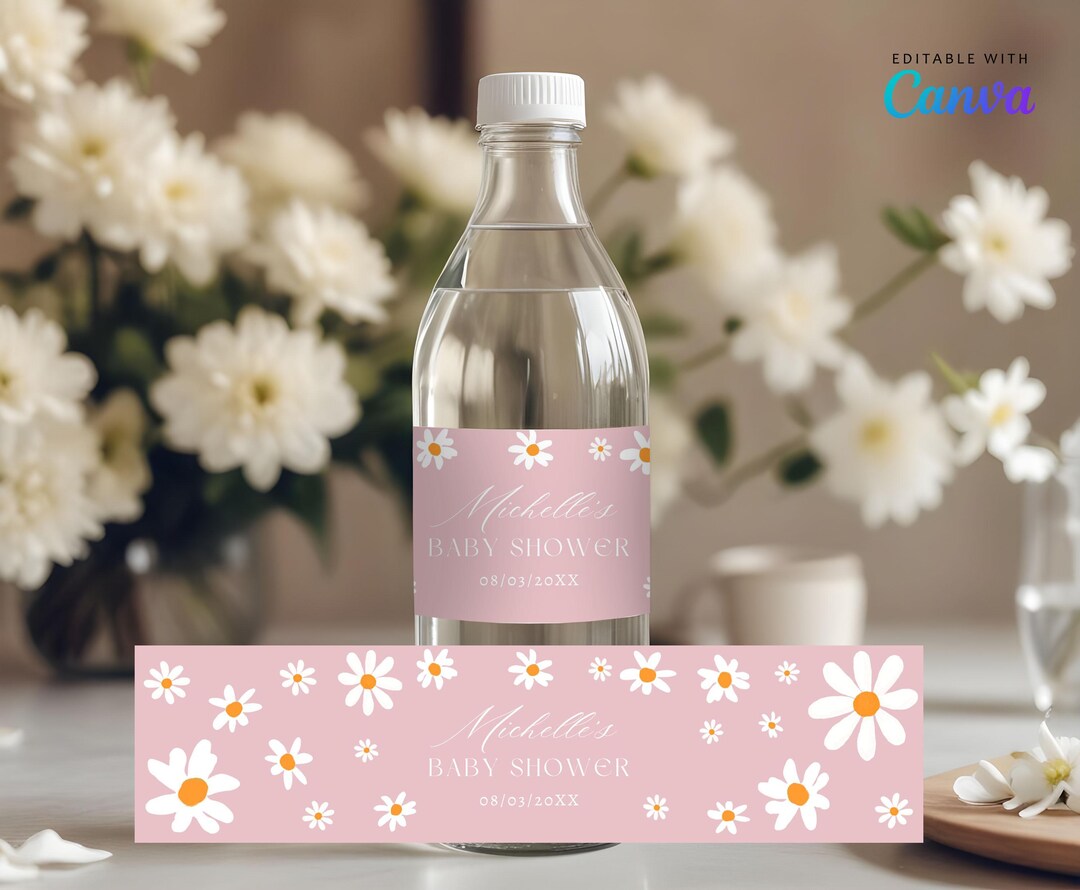 Editable Daisy Label Baby Shower, Digital Baby in Bloom Water Label ...