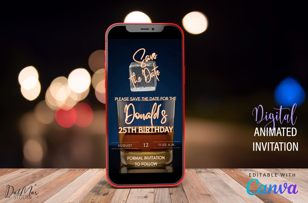Save the Date Whiskey Glass Birthday Invitation, Editable Video in ...