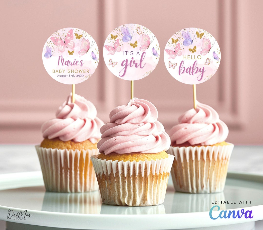 Editable Butterfly Cupcake Toppers, Pink Purple Butterflies Girl Baby ...