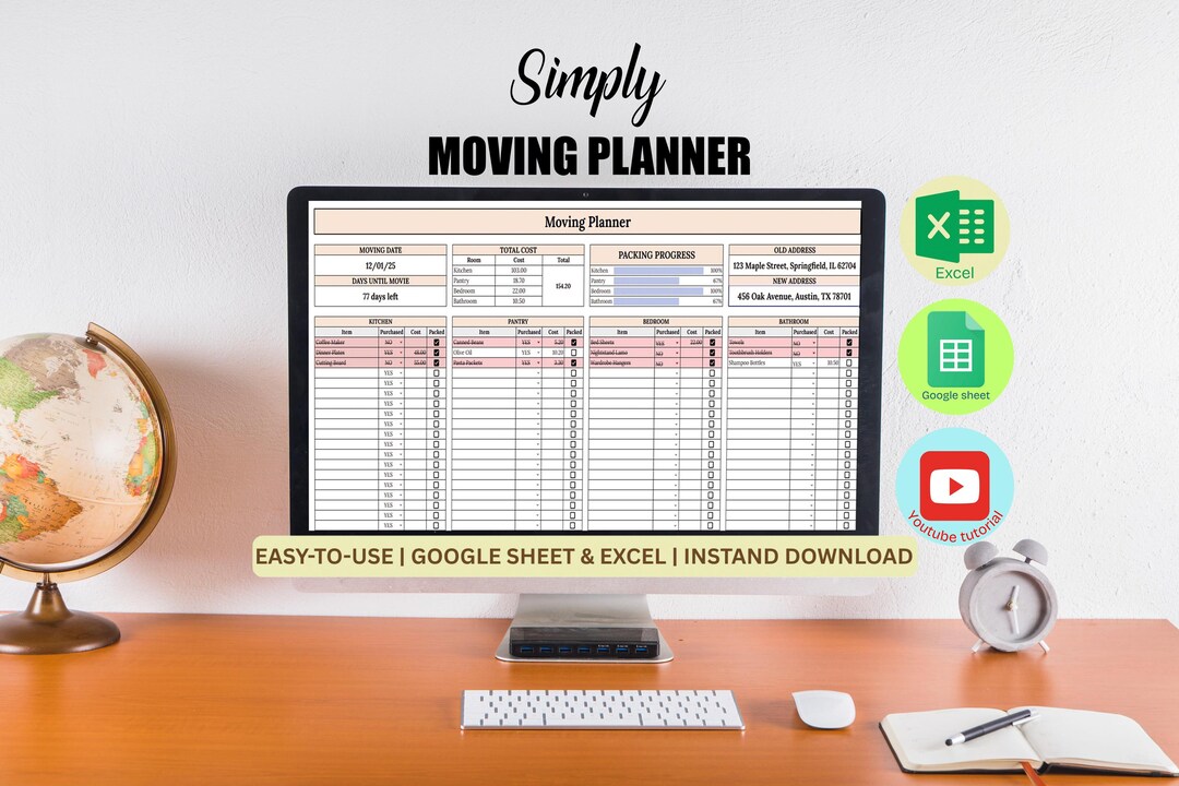 Moving Planner Excel | Digital Moving Checklist, Packing & Budget ...