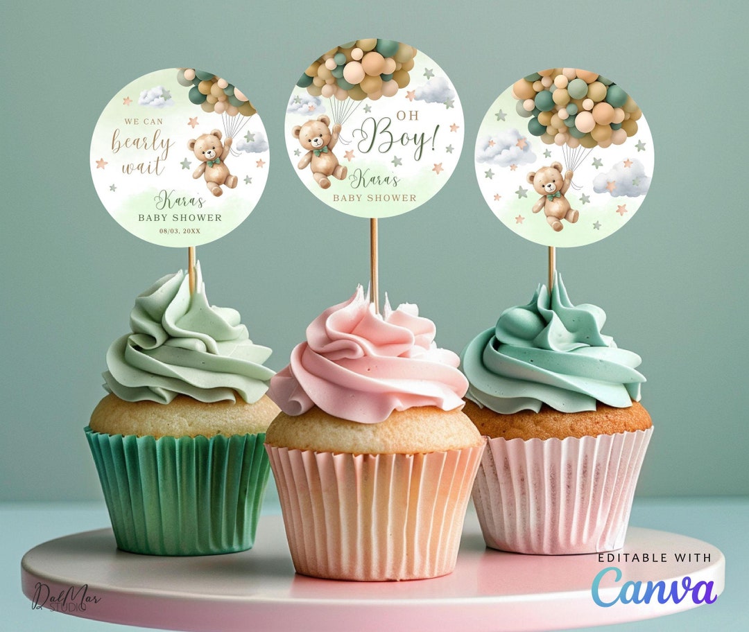 Teddy Bear Cupcake Toppers, Green Brown Balloons Baby Shower, Boy Bear ...