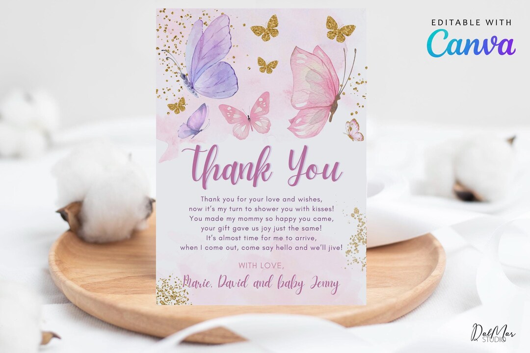 Editable Butterfly Thank You Card, Pink Purple Gold Butterflies Thank ...