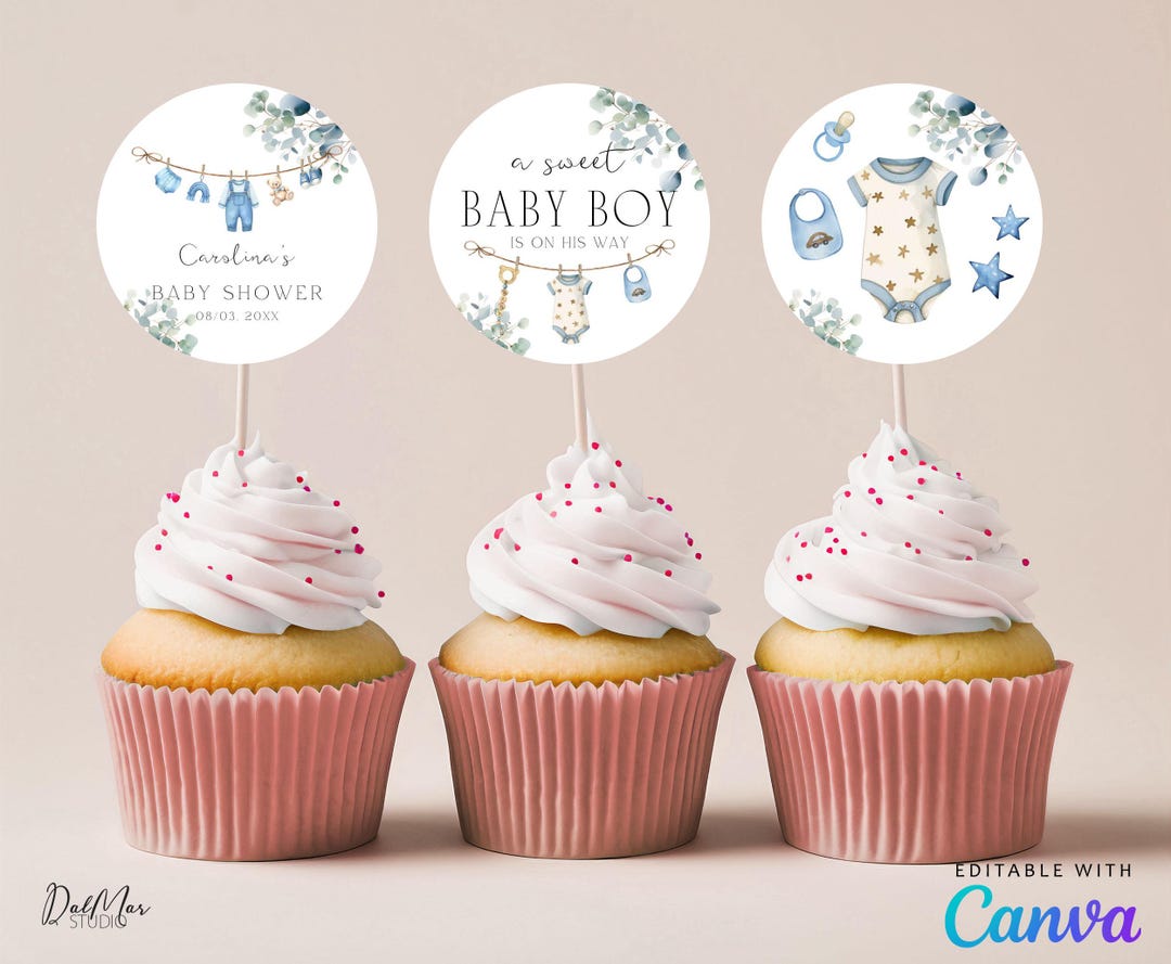 Editable Boy Clothes Cupcake Toppers, Boho Boy Eucalyptus Greenery Baby ...