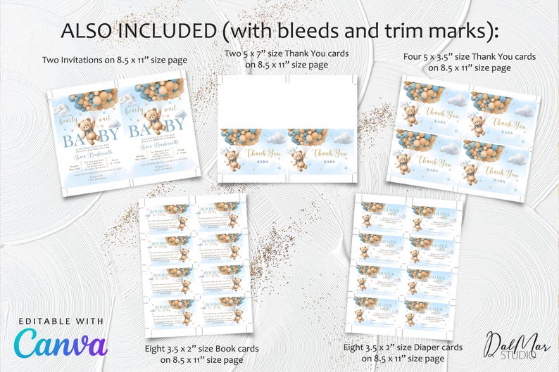 Teddy Bear Baby Shower Invitation Set, Editable in Canva, Blue Brown ...