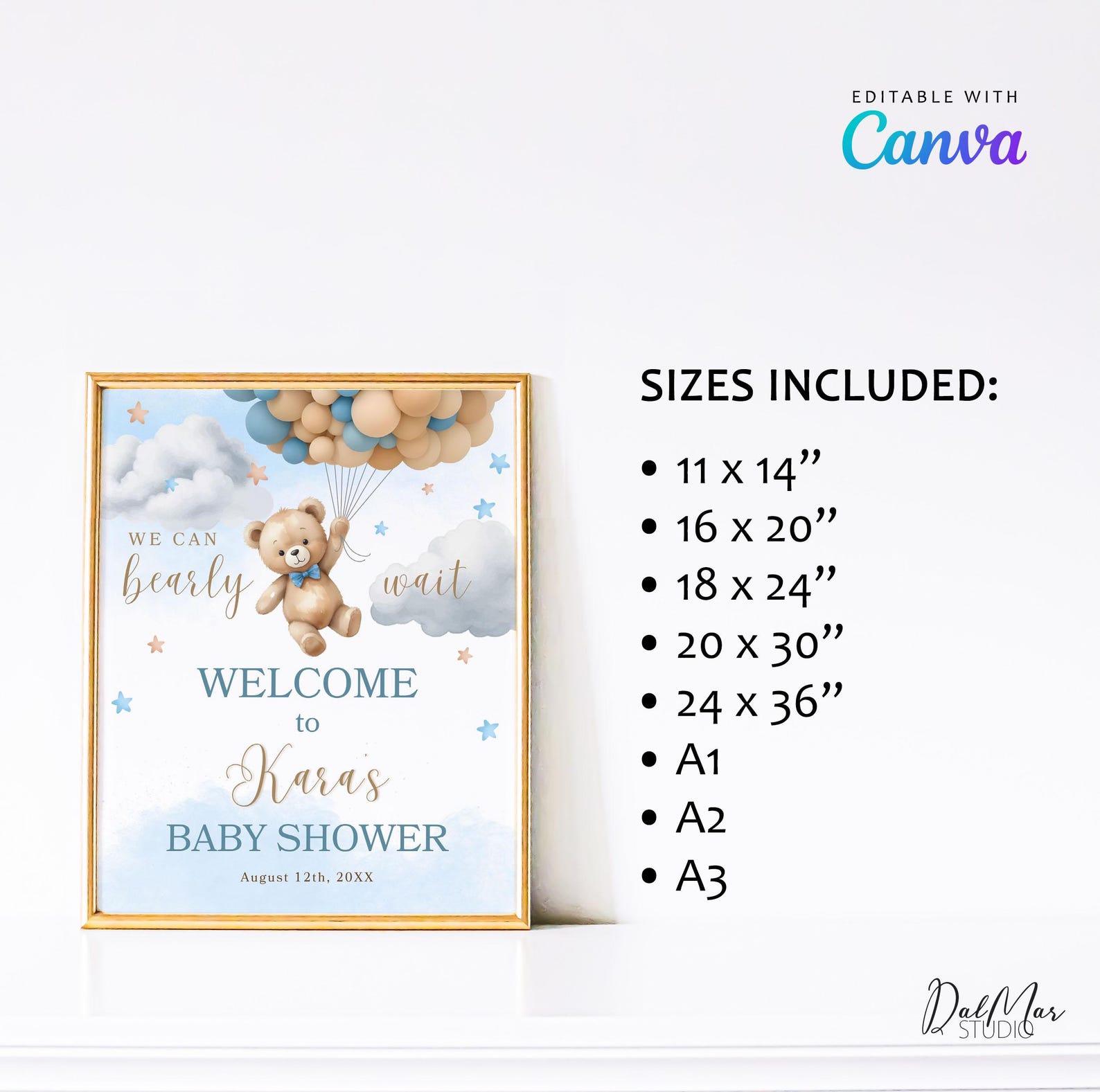 Little Teddy Bear Baby Shower Welcome Sign, Editable in Canva, Blue ...