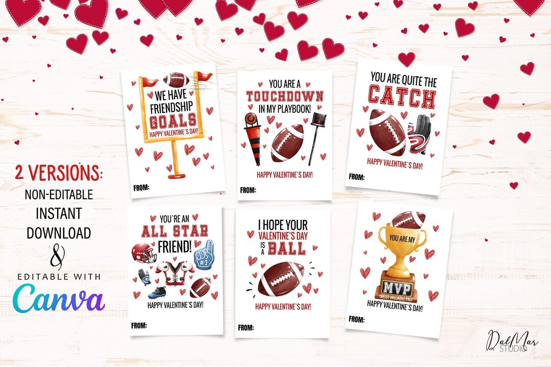 Printable Football Valentine Cards, Valentine Tags for Kids, Classroom ...