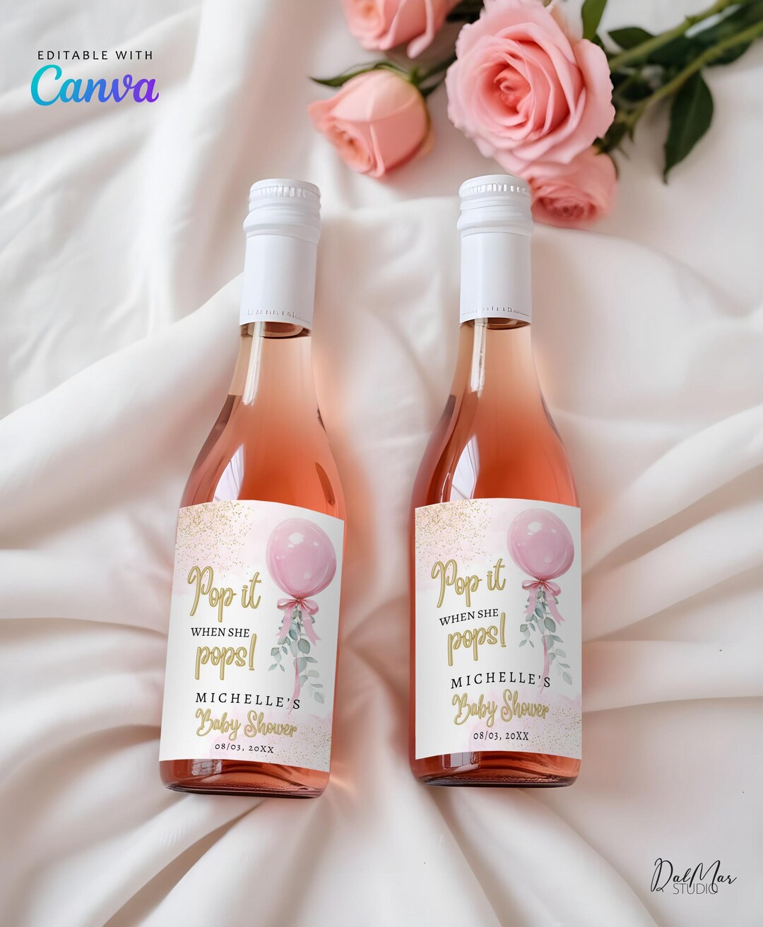 Editable Girl Mini Wine Label, Digital Pink Balloon Baby Shower ...