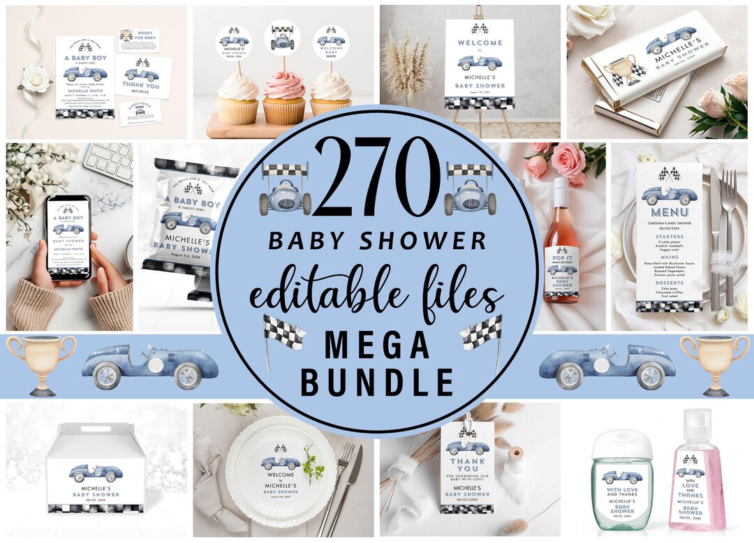 Blue Race Car Baby Shower Invitation Mega Bundle, Oh Boy Vintage Racing ...