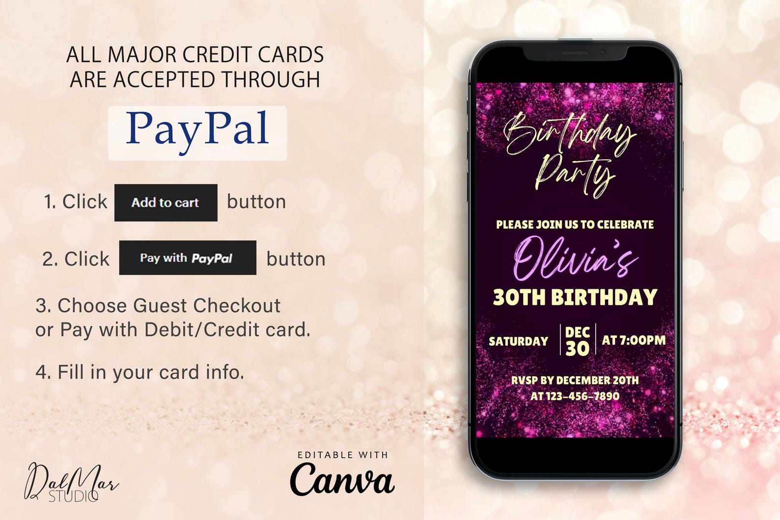 Animated Birthday Party Invitation, Digital Download, Pink Hearts ...