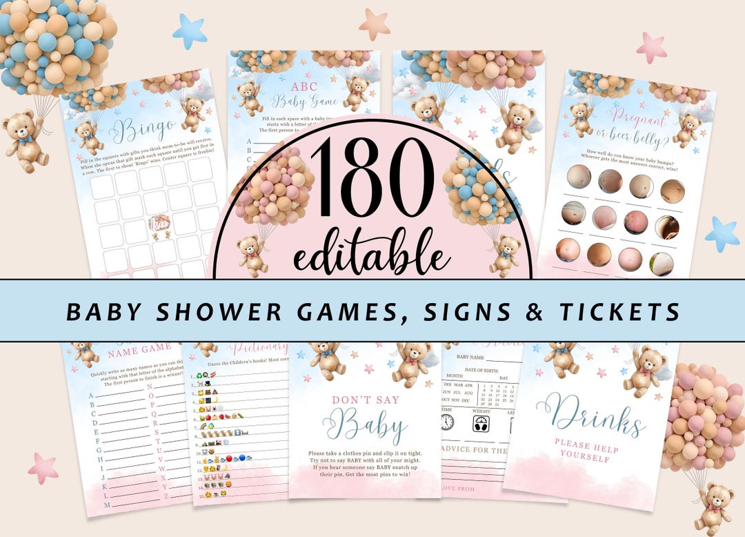 Editable Teddy Bear Baby Shower Game Bundle, Blue Pink Balloons Baby ...