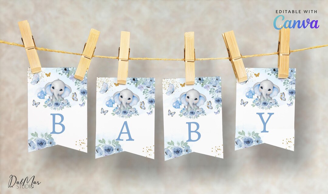 Editable Blue Coquette Elephant Baby Shower Banner, Boy Balloon Welcome ...
