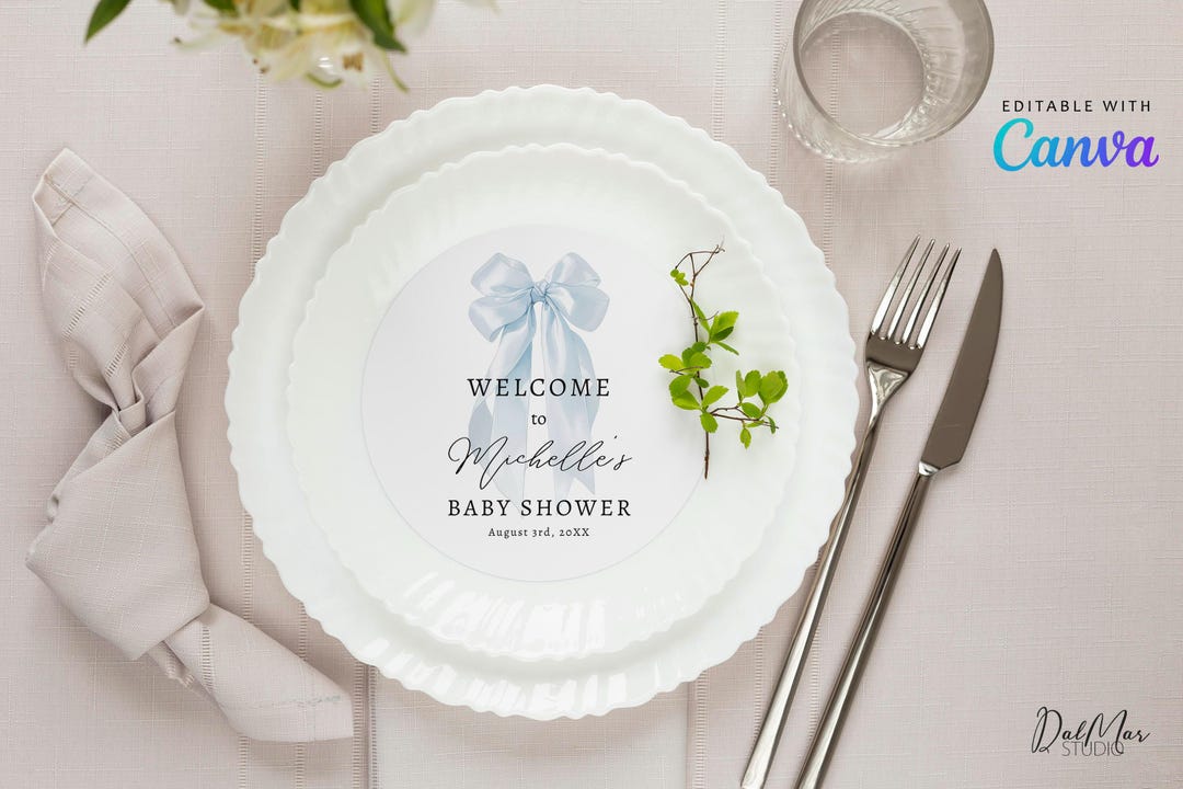Editable Blue Bow Charger Plate Insert, Digital Elegant Blue Coquette ...