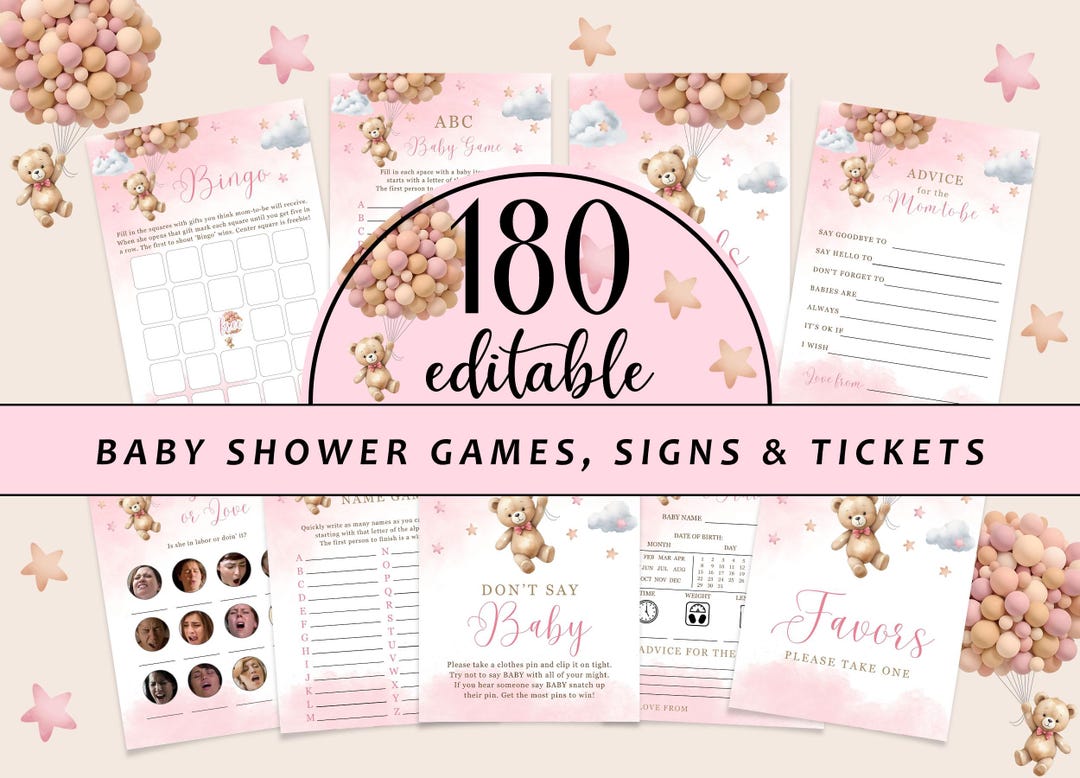 Editable Teddy Bear Baby Shower Game Bundle, Pink Brown Balloons Baby ...