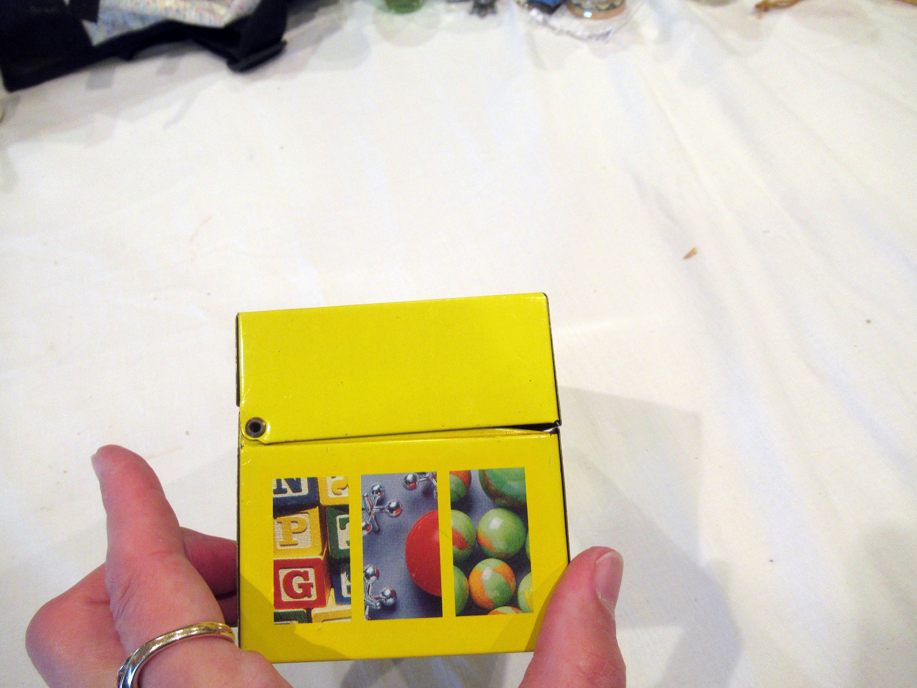 Yellow Recipe Box, Marbles, Jacks, Blocks, Yellow, C. 1980s by ...