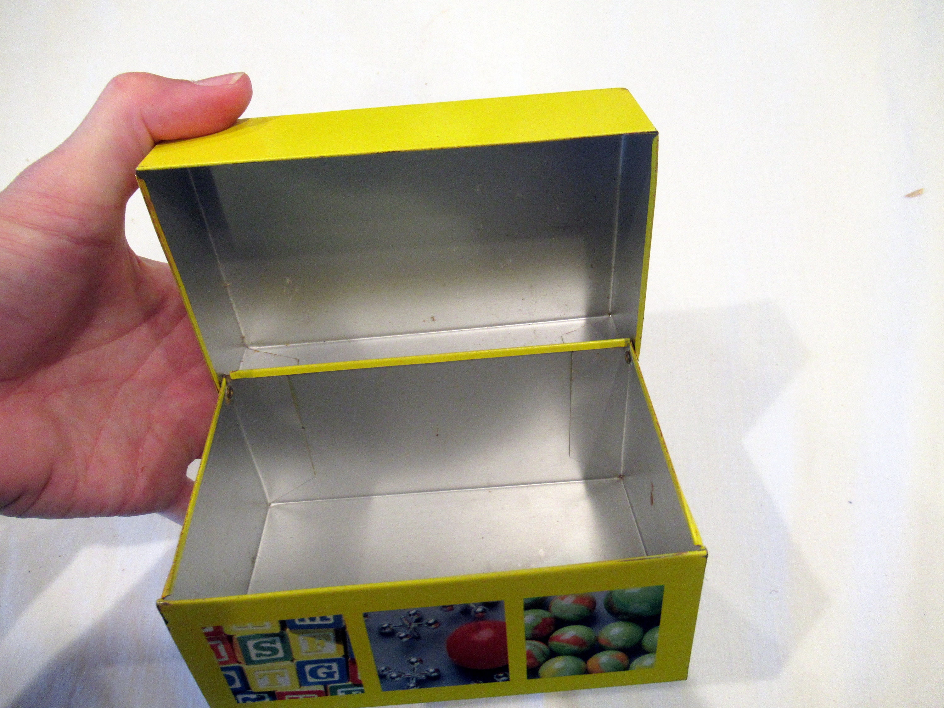 Yellow Recipe Box, Marbles, Jacks, Blocks, Yellow, C. 1980s by ...