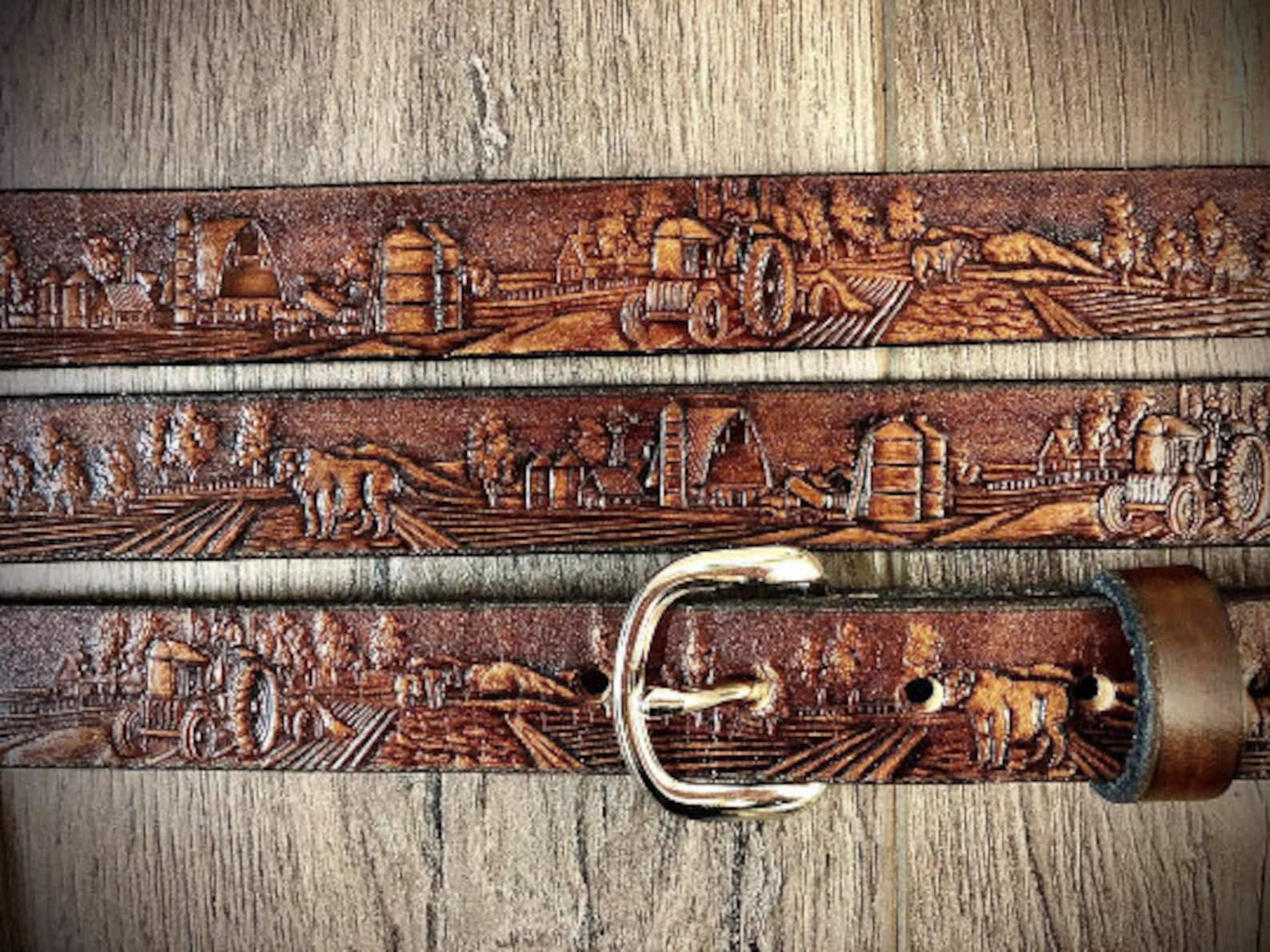 Farming Scene Belt Tractor Tooled Leather Belt Farm Belt - Etsy.de