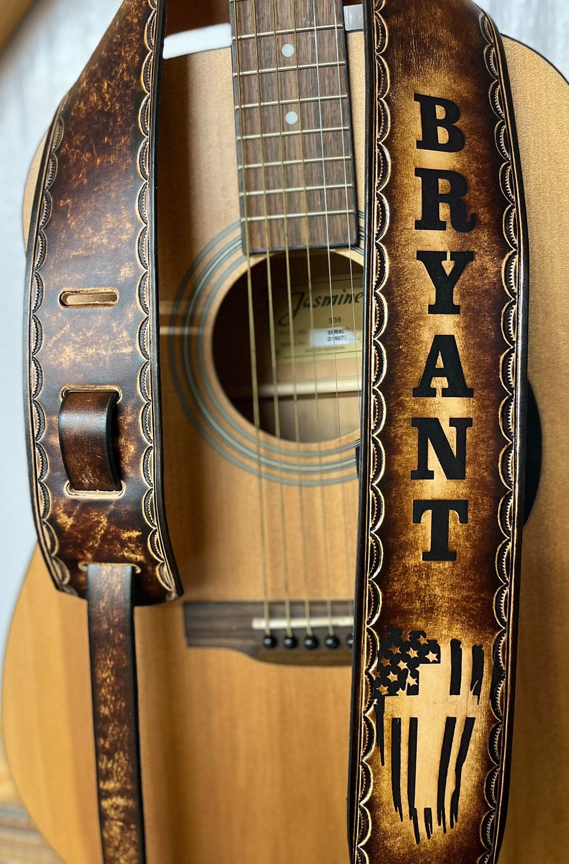 Leather Guitar Strap, Patriotic Christian Strap. Cross Flag Image is ...