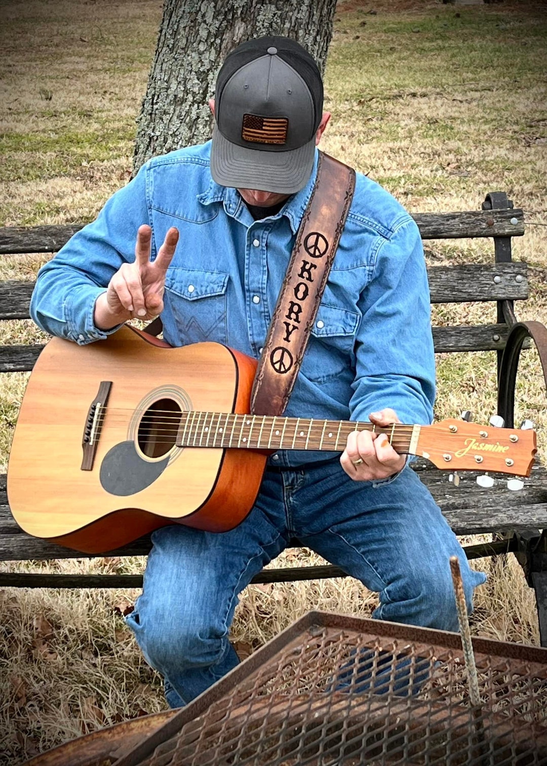 PEACE SIGN Guitar Strap, Tooled Leather Guitar Strap, Made in the USA ...