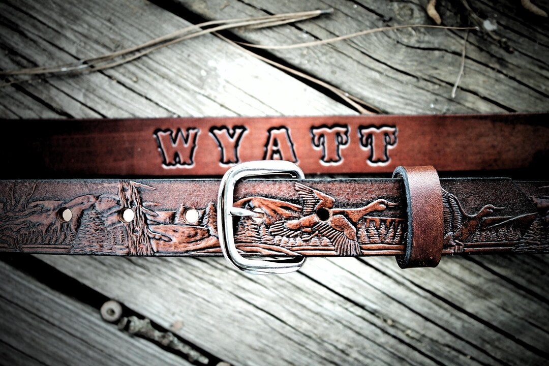 Handmade Leather Belt, Duck Hunter Belt, Flying Duck Design, Made by ...