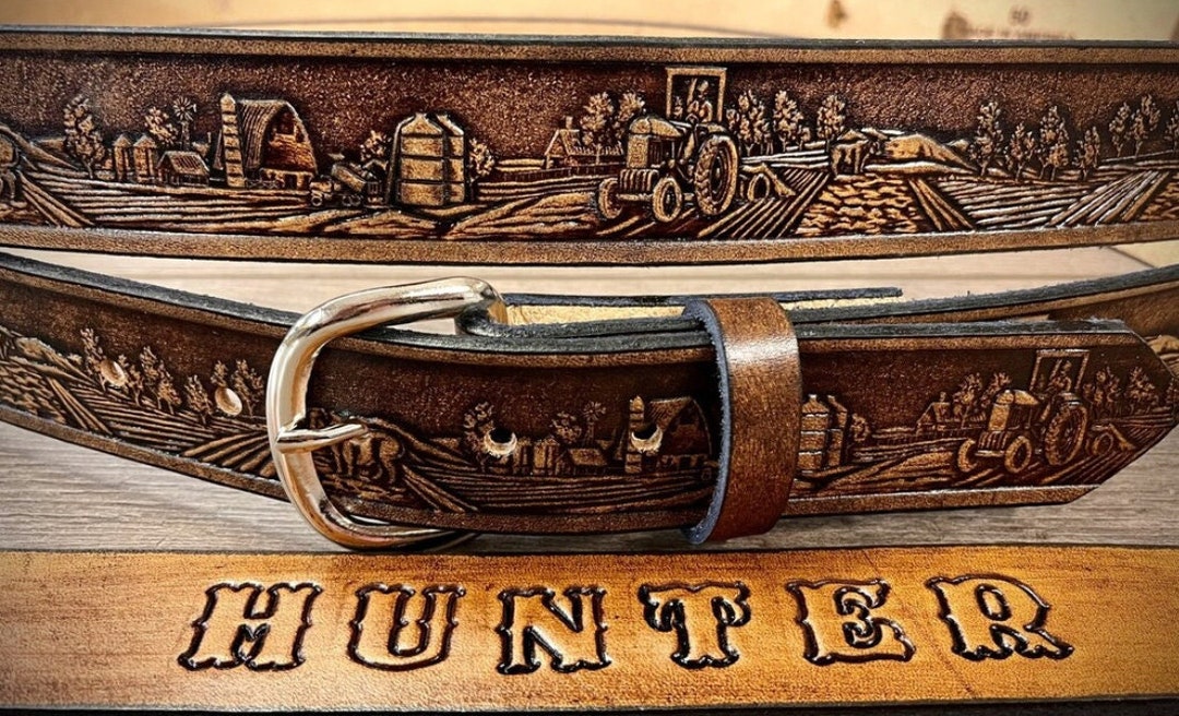Farming Scene Belt, Tractor Tooled Leather Belt, Farm Belt, Made in the ...