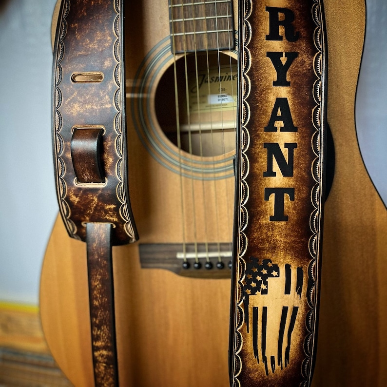 Leather Guitar Strap, Patriotic Christian Strap. Cross Flag Image is ...