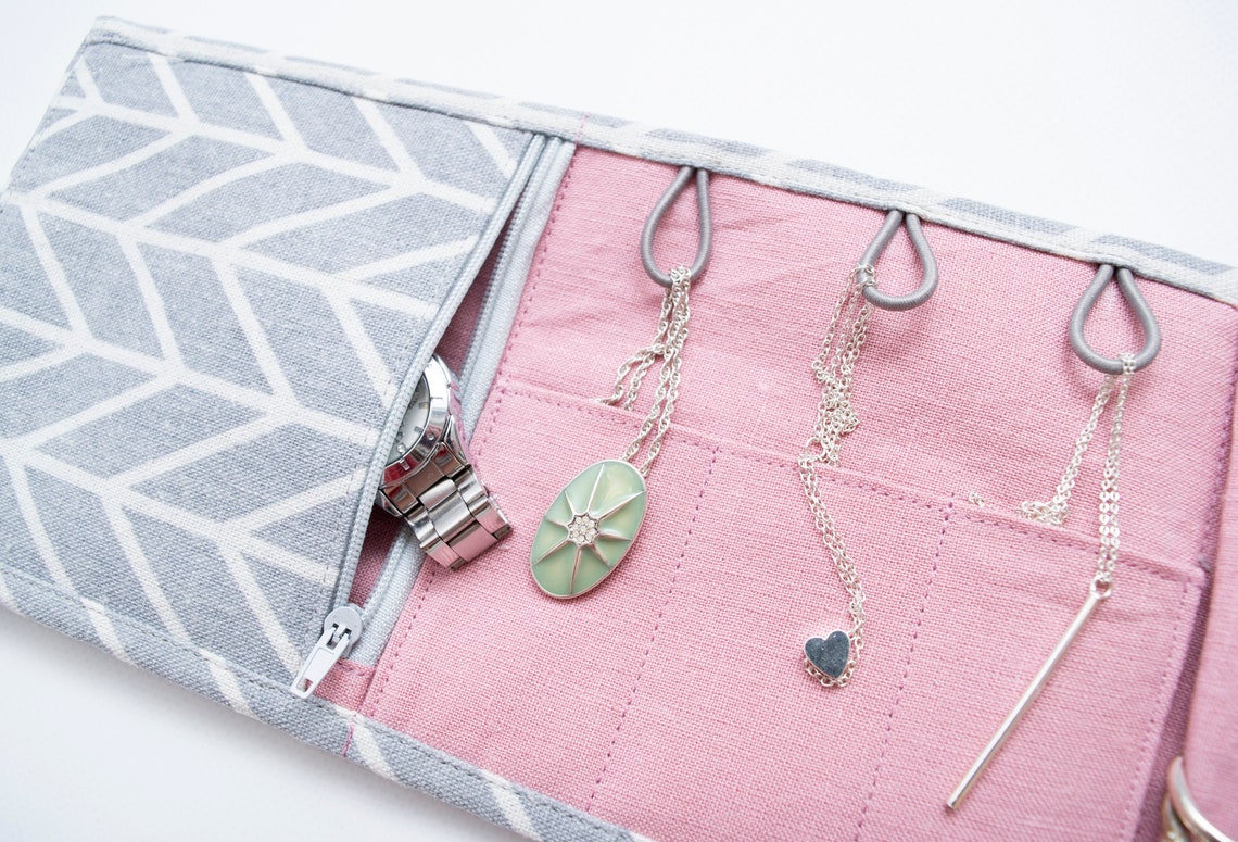 Travel Jewelry Holder Gray Pink Organizer Jewelry Roll MINI - Etsy