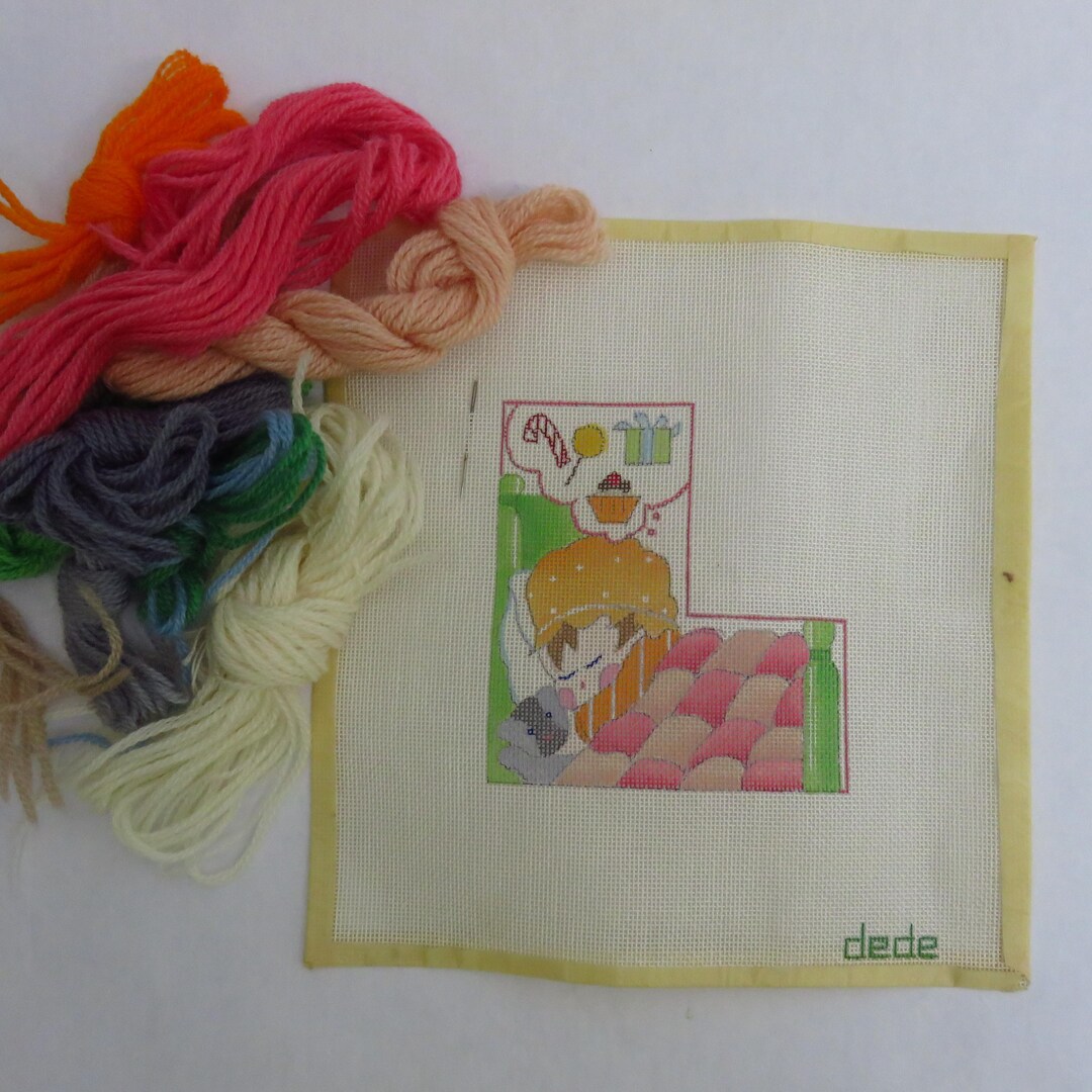 Vintage Needlepoint Canvas Dede Hand Painted Dreaming Child With Thread ...