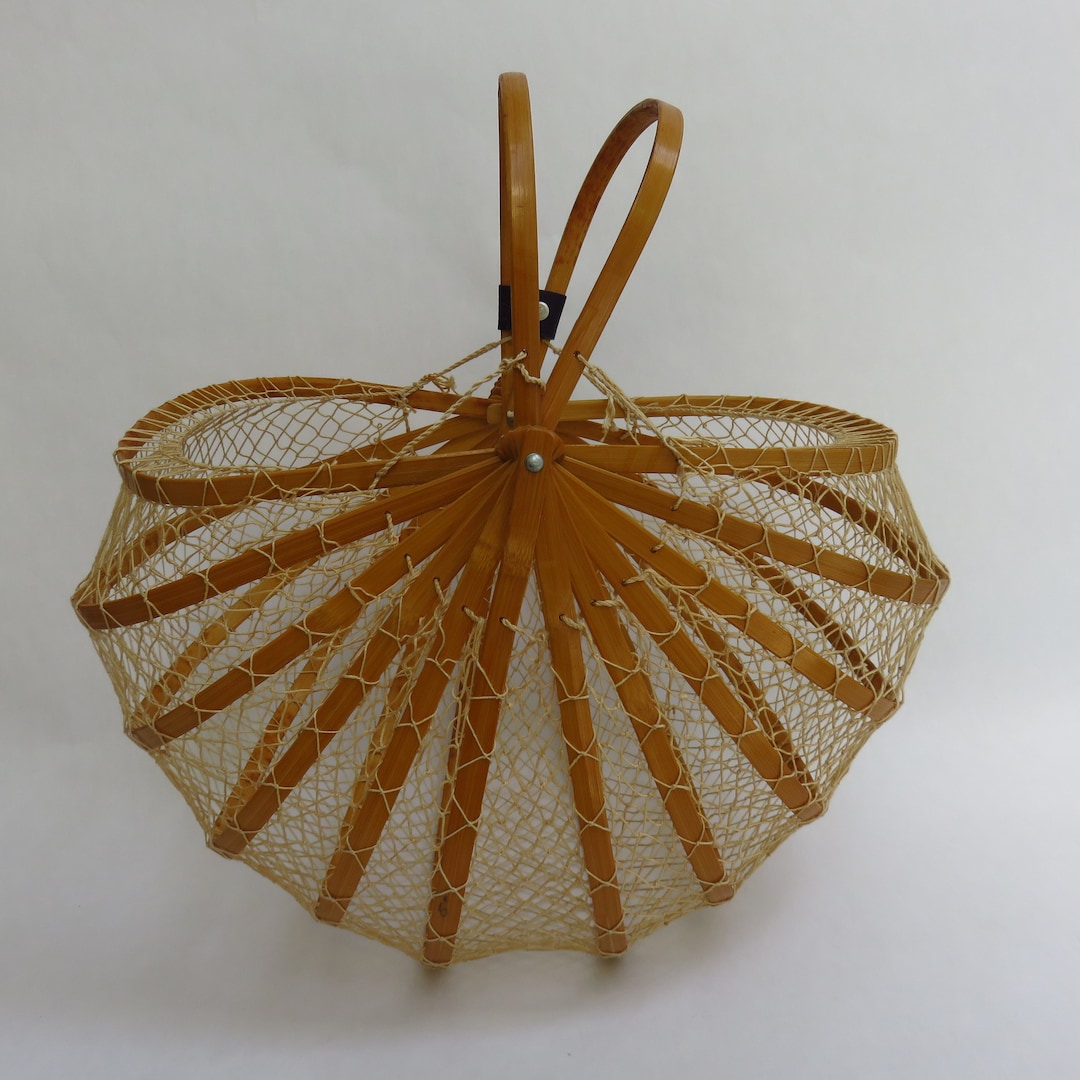 Vintage Tote Bag Bamboo Fishnet Collapsible Market Basket - Etsy