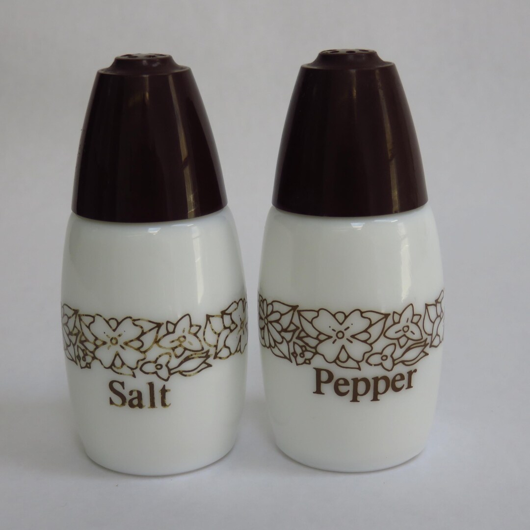 Vintage Milk Glass Salt and Pepper Shakers Brown Floral Trim ...