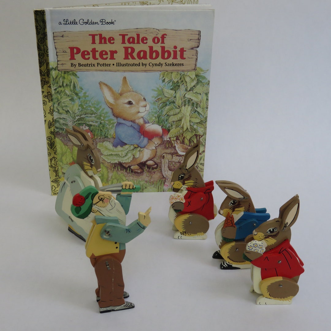 Vintage Peter Rabbit Articulated Wooden Figures (5) and Tales of Peter ...