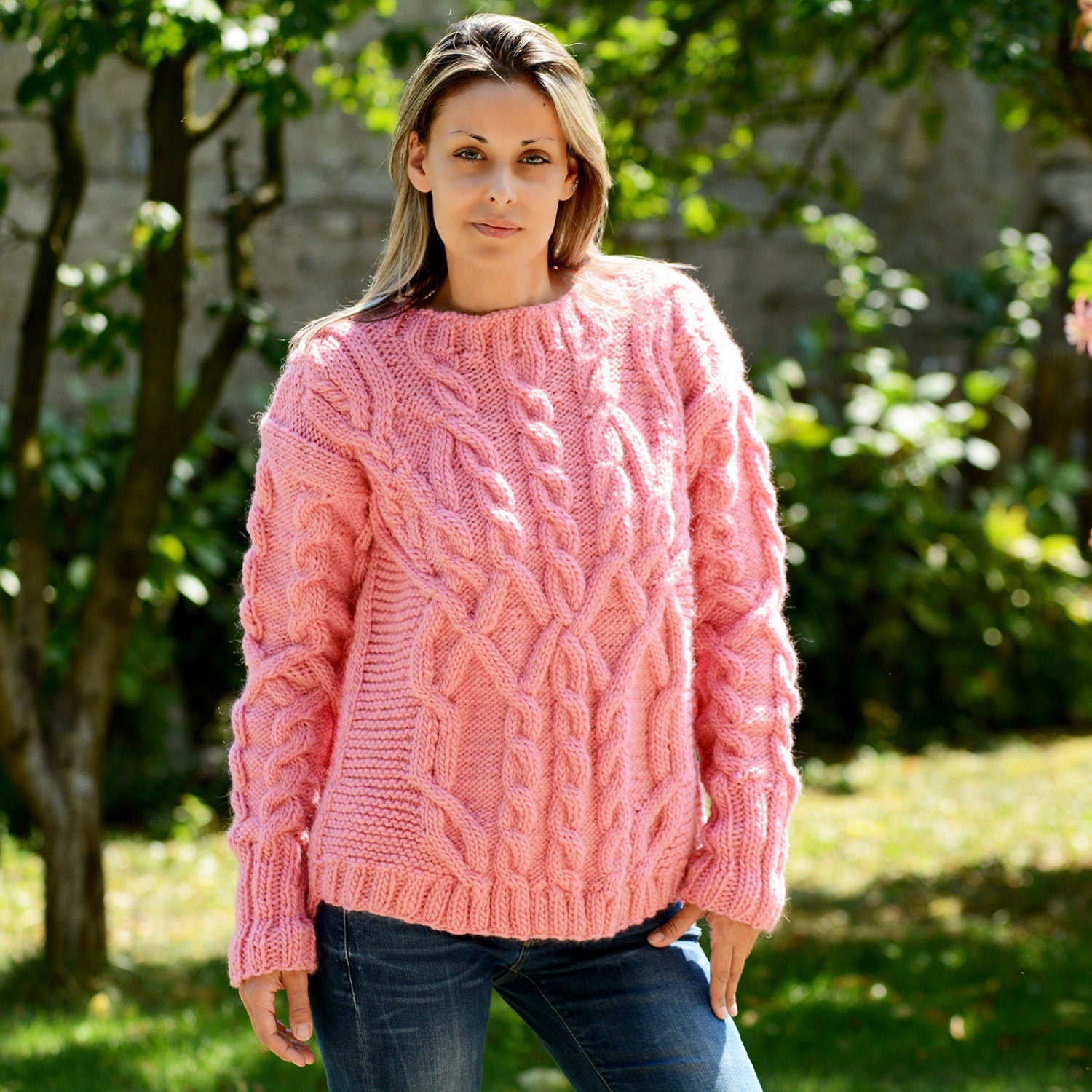 Hand Knitted pure Wool Sweater Pink Soft Crew neck Cable | Etsy