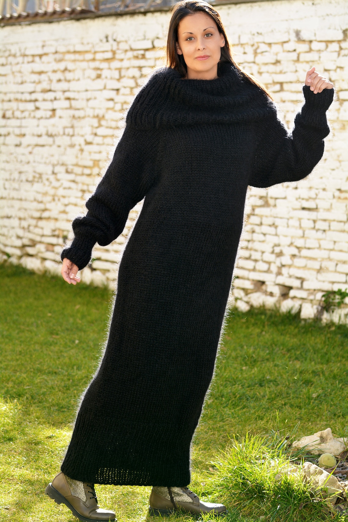 Hand Knitted Mohair Turtleneck Dress Long Fuzzy Black Fluffy | Etsy