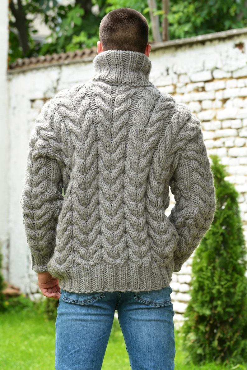 Designer Hand Knitted Wool Sweater Thick Cable Light Grey Mix - Etsy