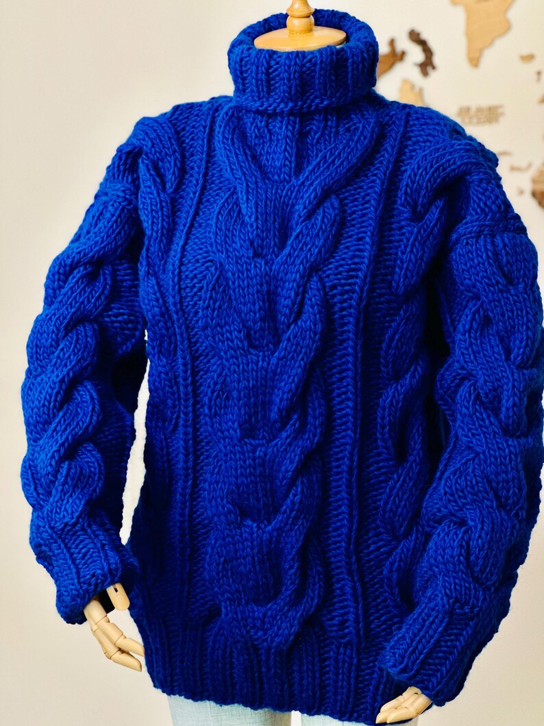 Cable Hand Knitted Wool Sweater, Royal Blue Turtleneck Jumper, Cable ...