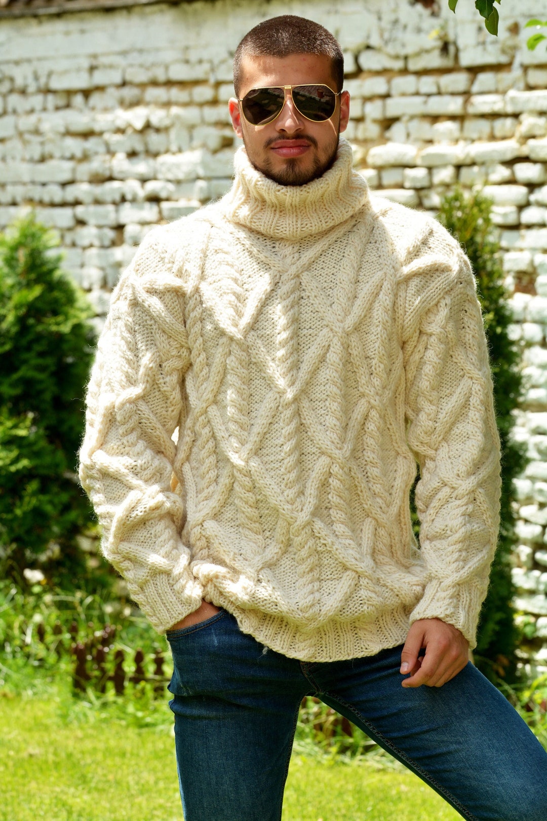 Hand Knitted White Wool Sweater, Men's Turtleneck Jumper, Soft Sweater ...