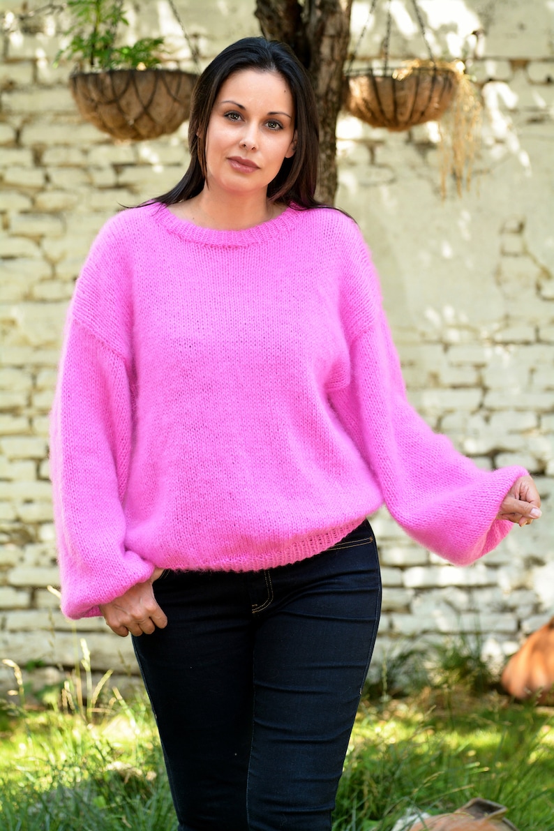 Designer Hand Knitted Mohair Sweater, Oversized Crew-neck Fuzzy Jumper ...