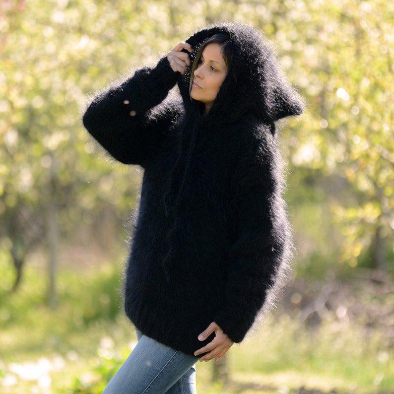 Hand Knit Mohair Sweater Black Fuzzy Hooded Jumper Pullover - Etsy