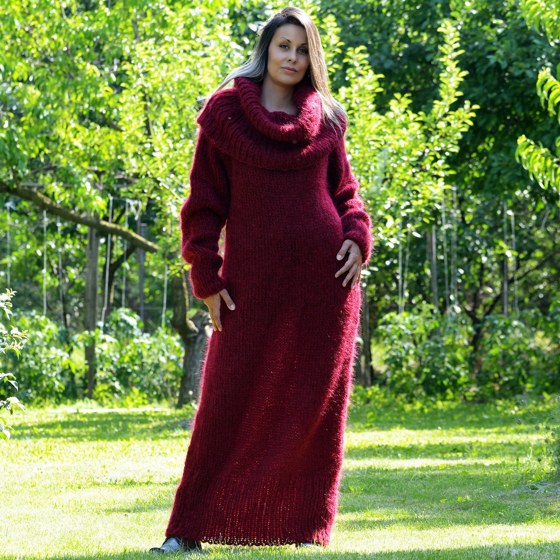 Hand Knitted Mohair Turtleneck Dress Long Fuzzy Red Fluffy | Etsy