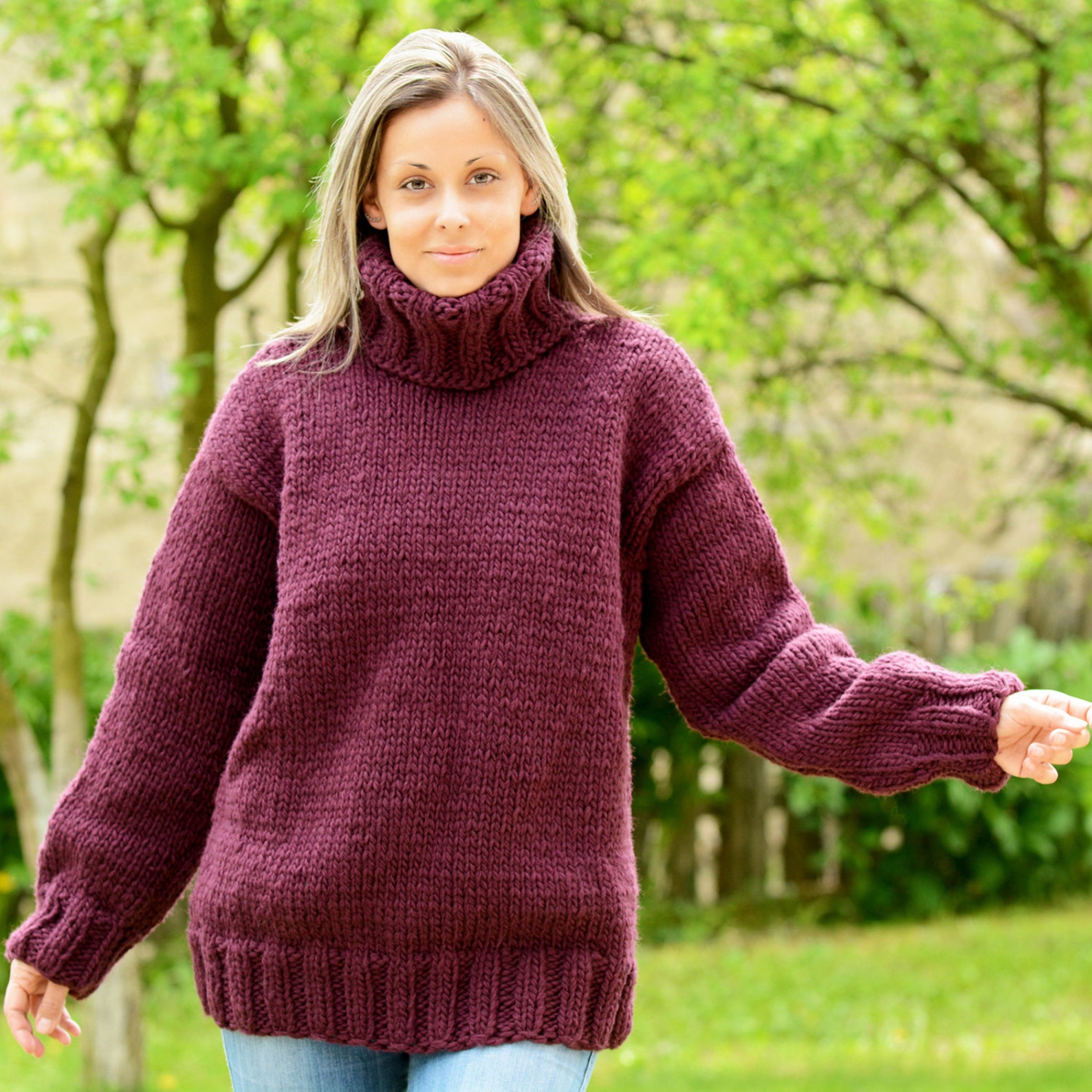 Hand Knitted Pure Wool Sweater Burgundy Dark Red Soft - Etsy