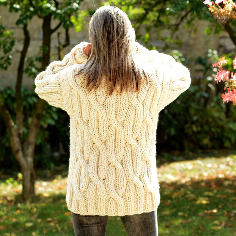 Hand Knitted Pure MERINO Wool Sweater White Soft Turtleneck Cable ...