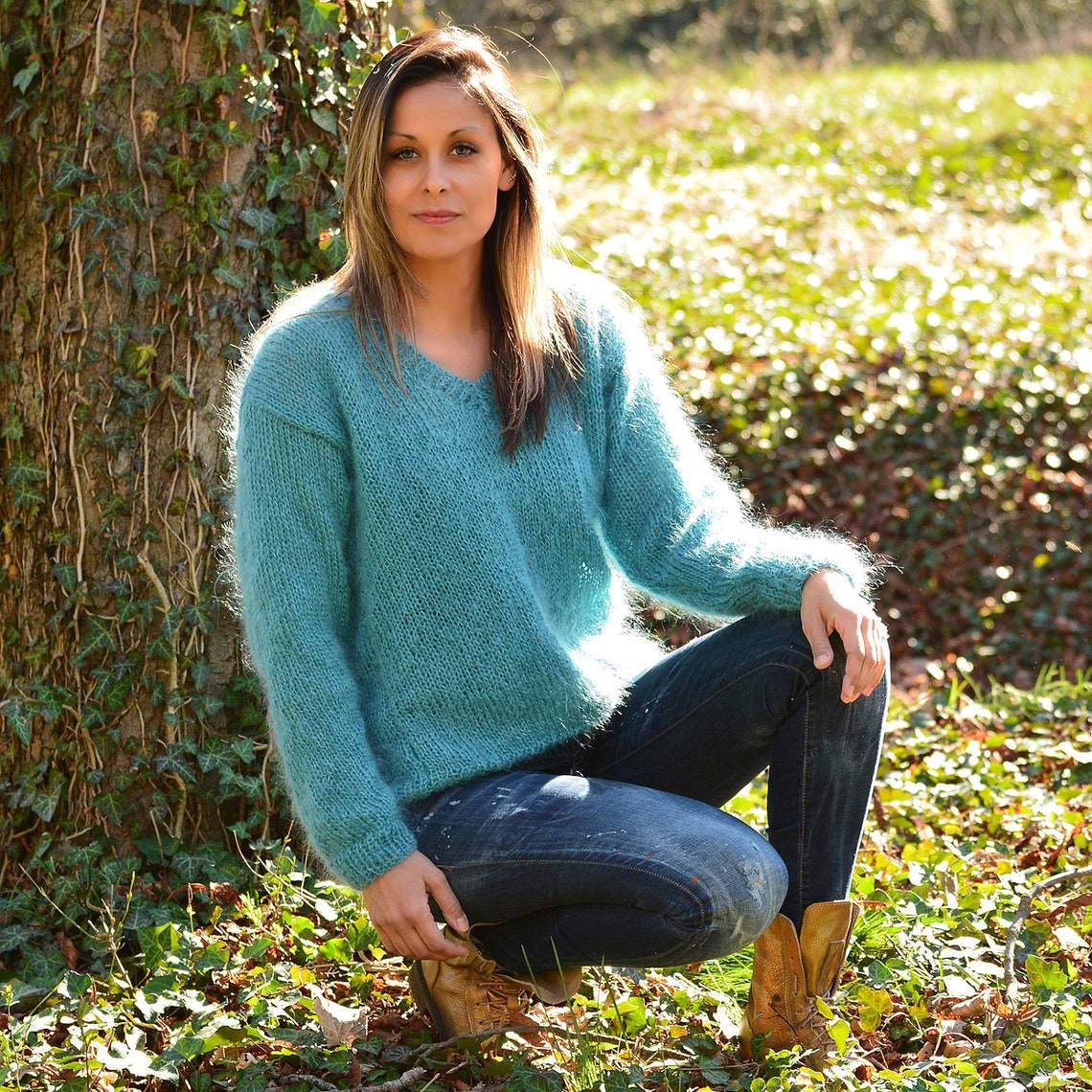 Hand Knit Mohair Sweater Light Blue Fuzzy Crew Neck Jumper - Etsy
