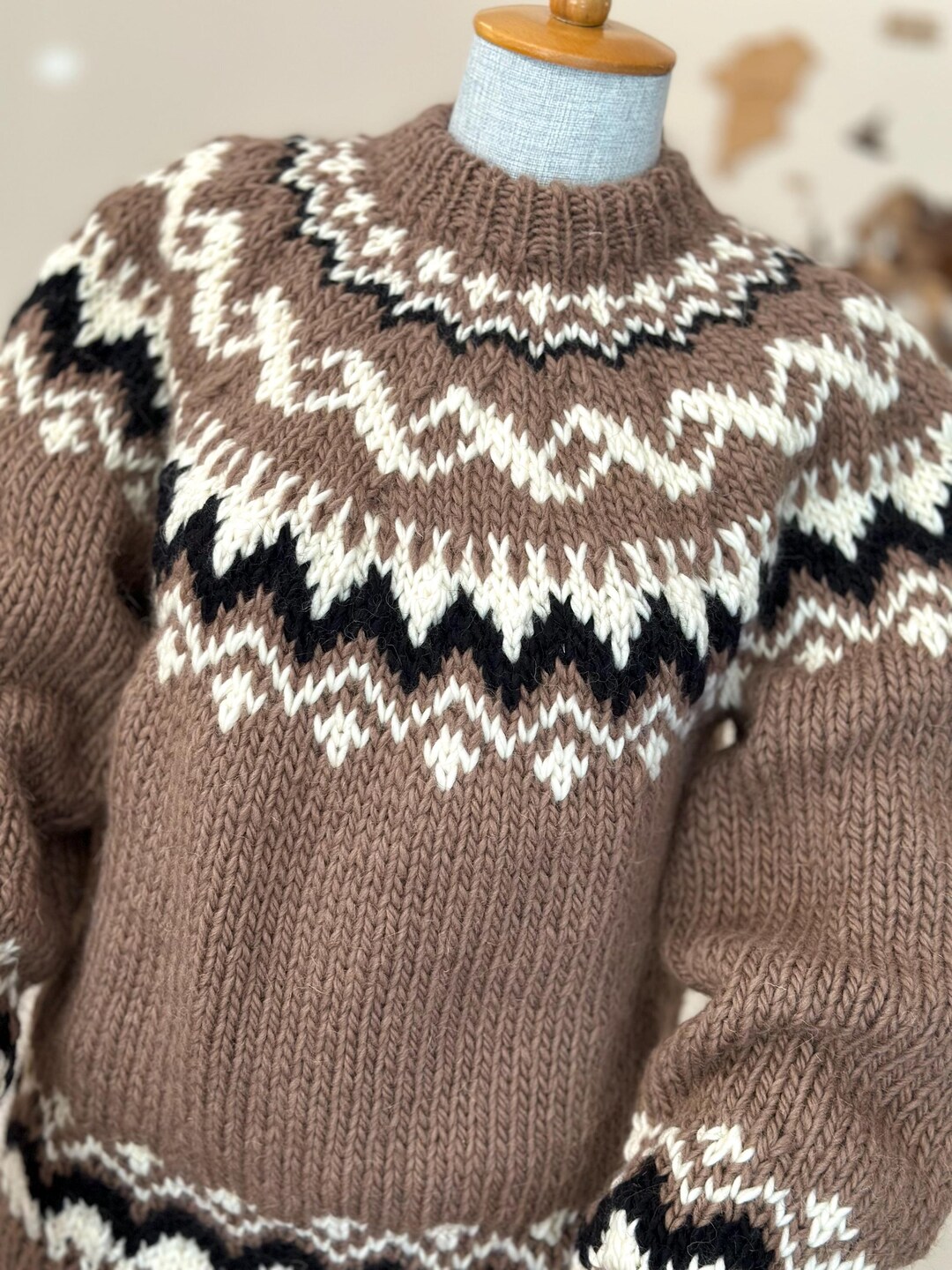 Hand Knitted Wool Sweater, Brown Norwegian Jumper Crew-neck , Soft Men ...