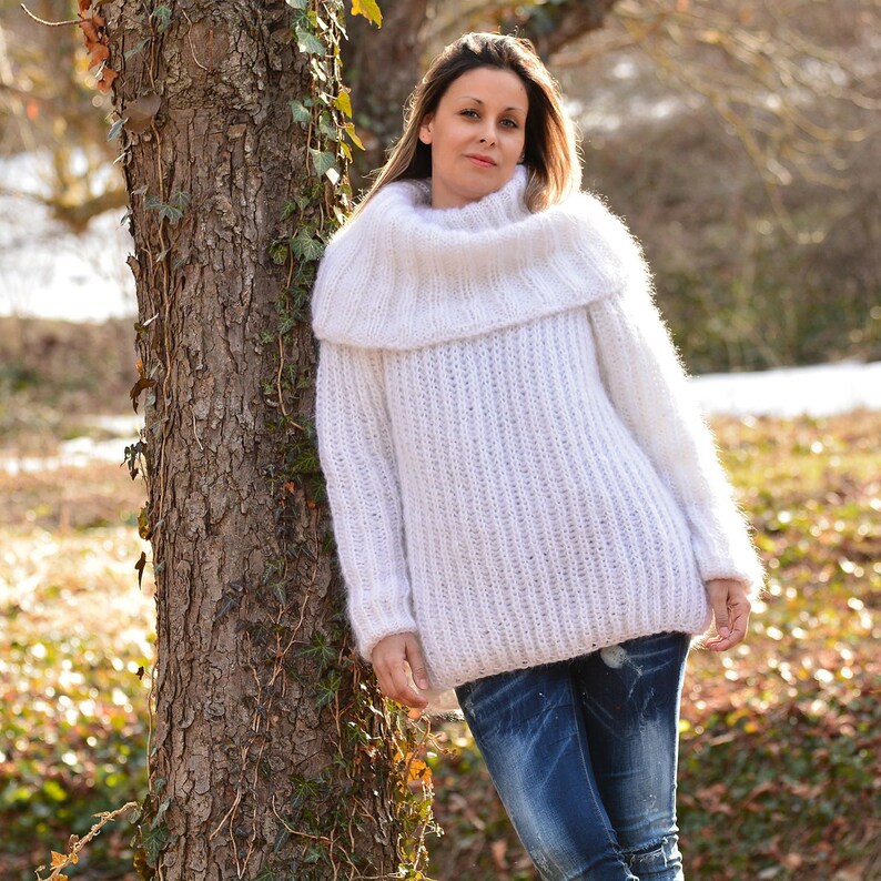 Hand Knitted Mohair Sweater White Cowl Neck Fuzzy Jumper - Etsy