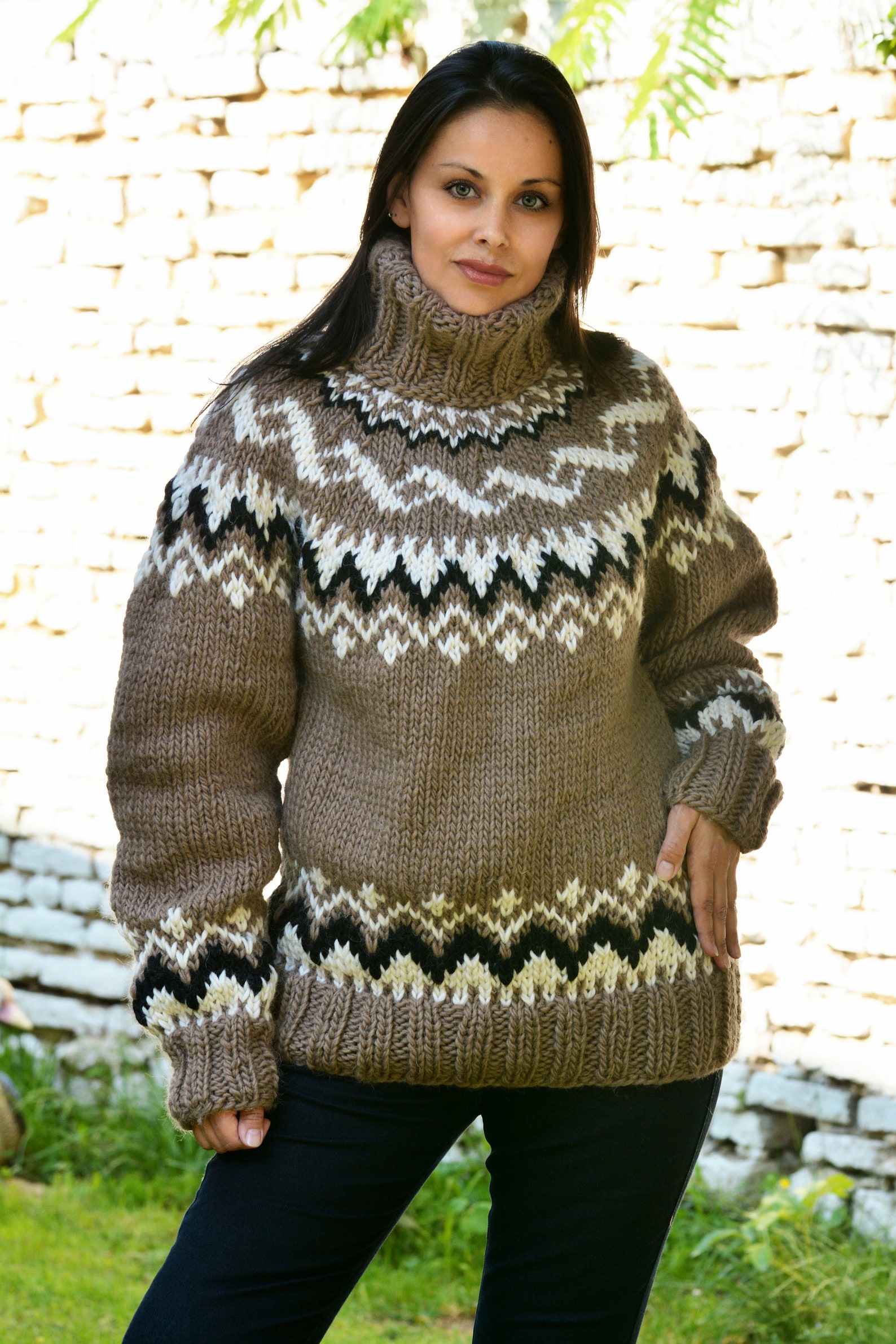 Designer Hand Knitted Wool Sweater Icelandic Turtleneck Norwegian BEIGE ...