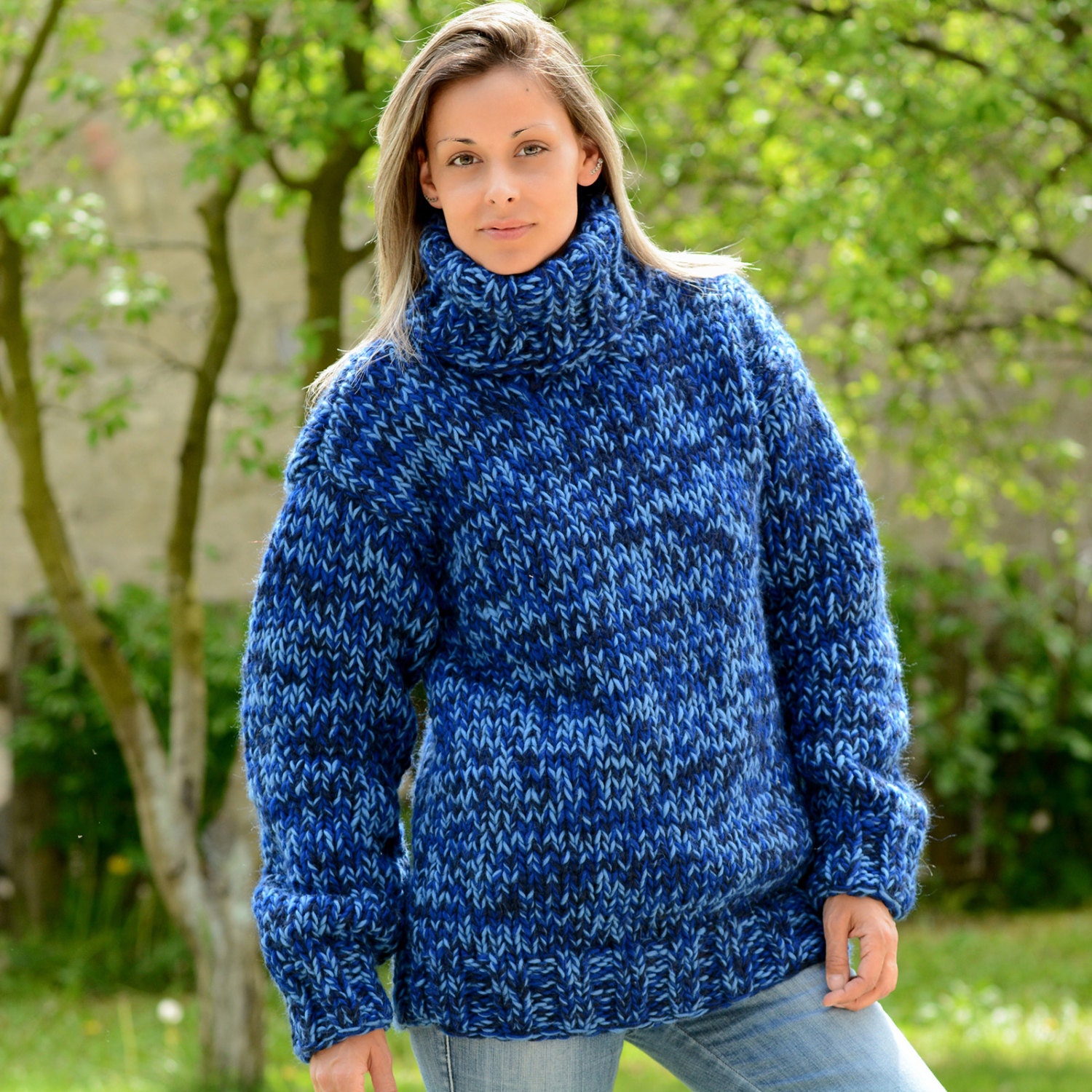 Thick Hand Knitted Pure Wool Sweater Blue Mix Soft Turtleneck - Etsy