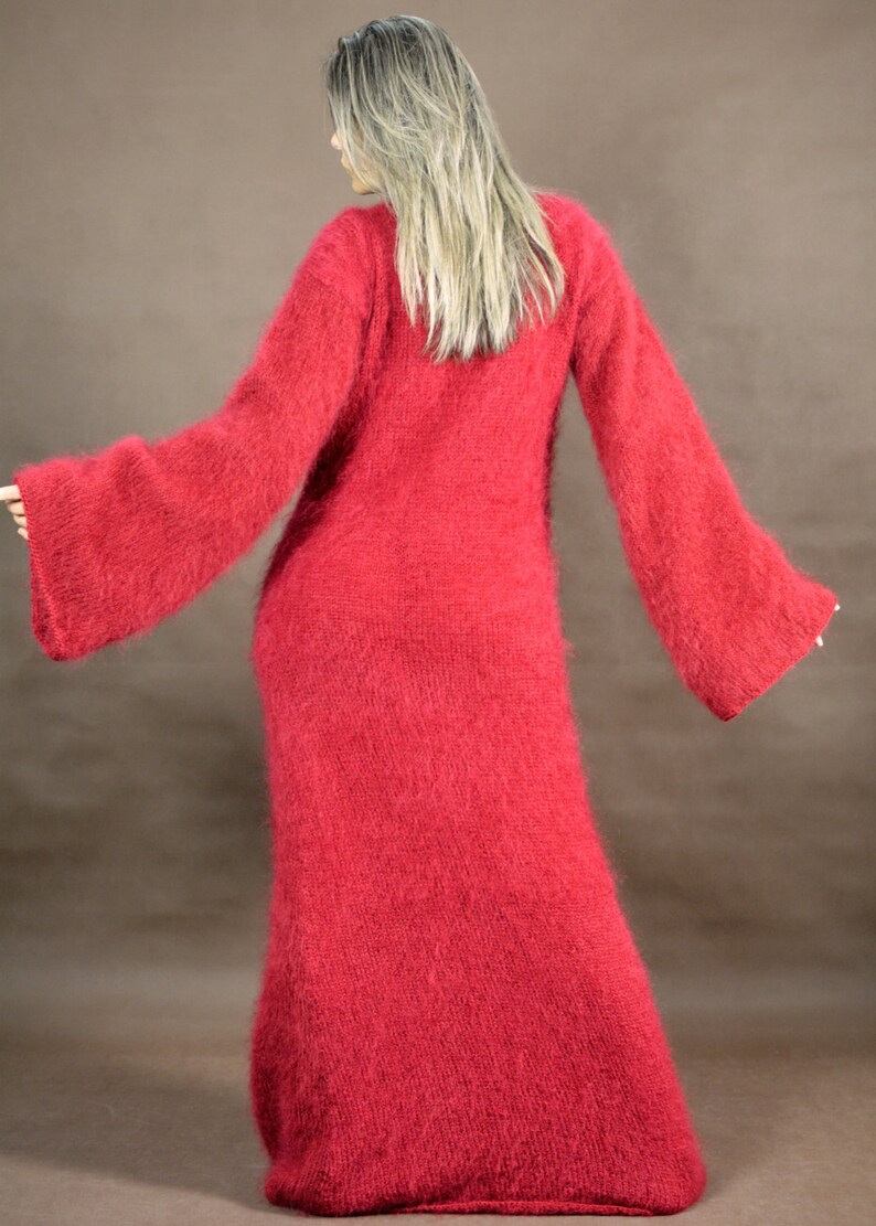Hand Knitted Mohair Dress, Slouchy Fuzzy Fetish Red Sweater Gown, Long ...