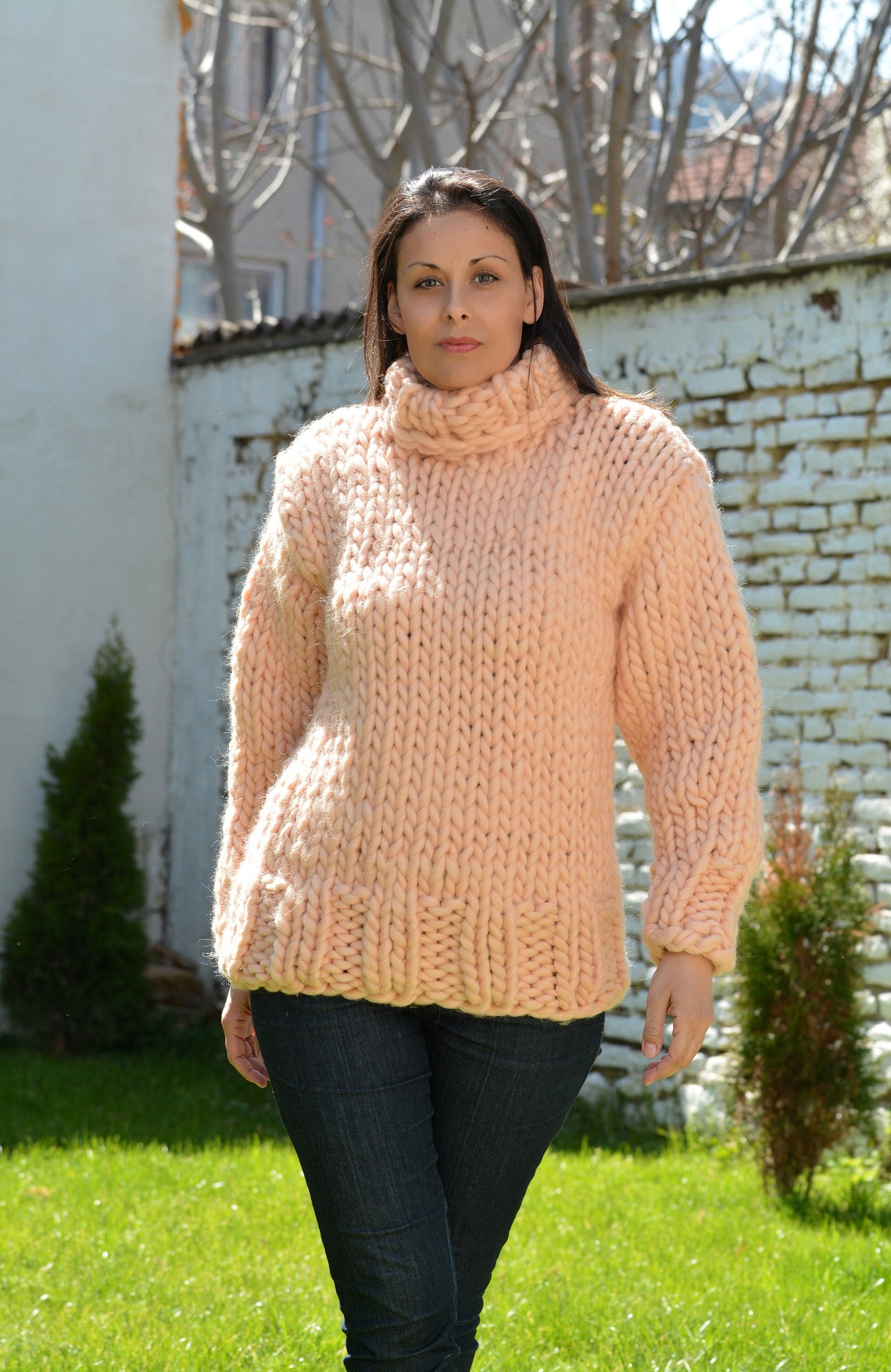 Chunky Hand Knitted Pure Soft Wool Sweater PEACH Turtleneck Jumper ...